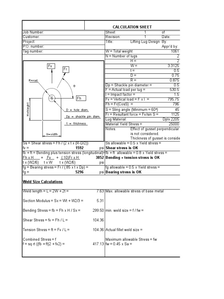 Lifting Lug Design Calculation Sheet | PDF | Science & Mathematics