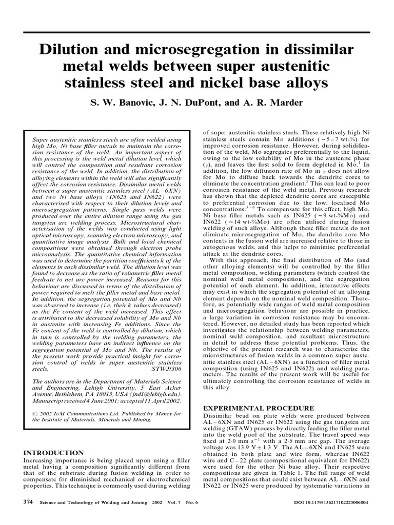 Dilution and Microsegregation in Dissimilar Metal Welds Between Super ...