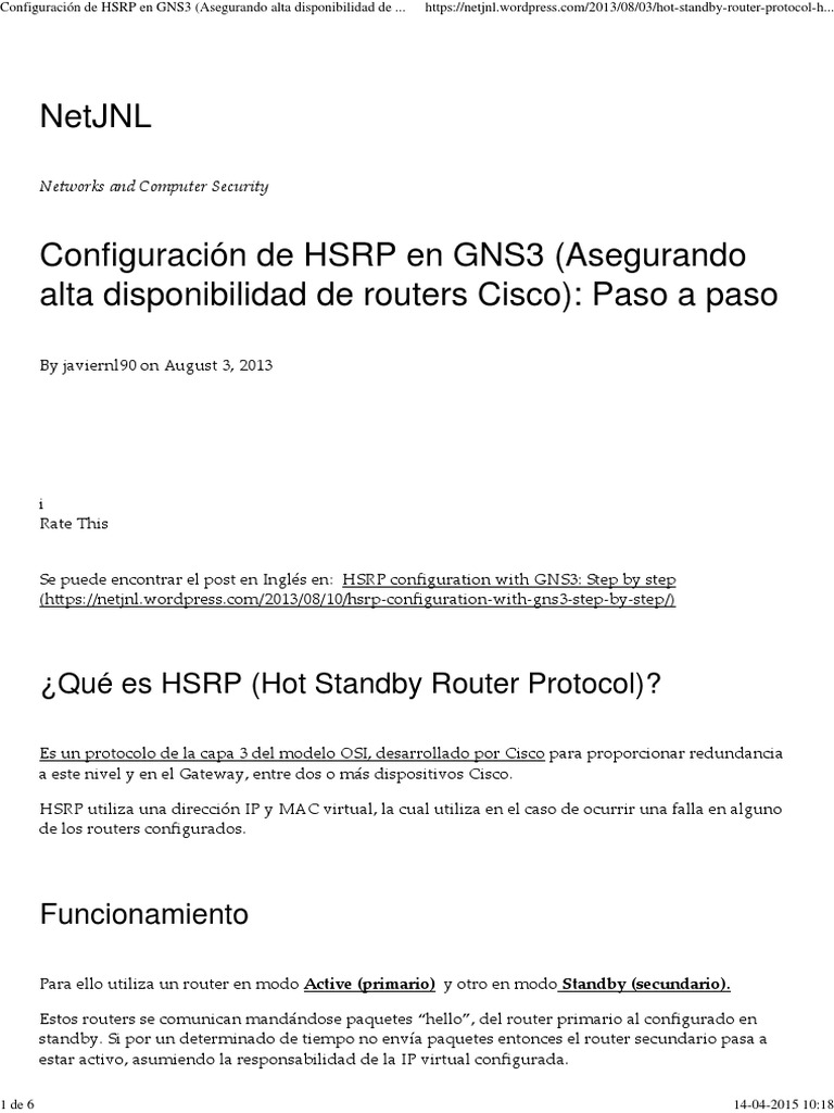 Configuración de HSRP en GNS3 | PDF | Enrutador (Computación) | Protocolos de internet
