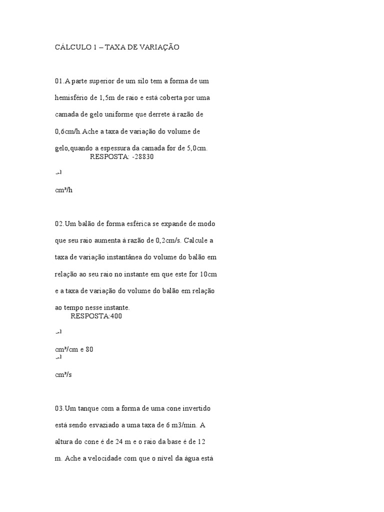 CÁLCULO 1 Exercicios ..X | Download grátis PDF | Velocidade | Massa