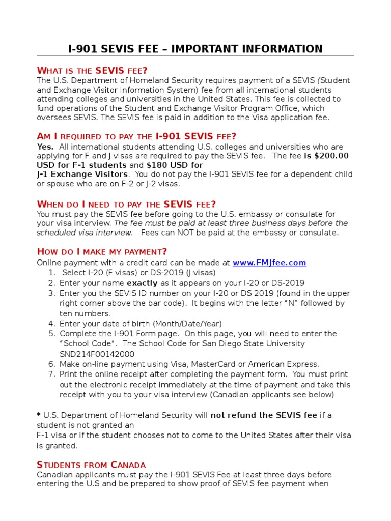I-901 Sevis Fee - Important Information | PDF