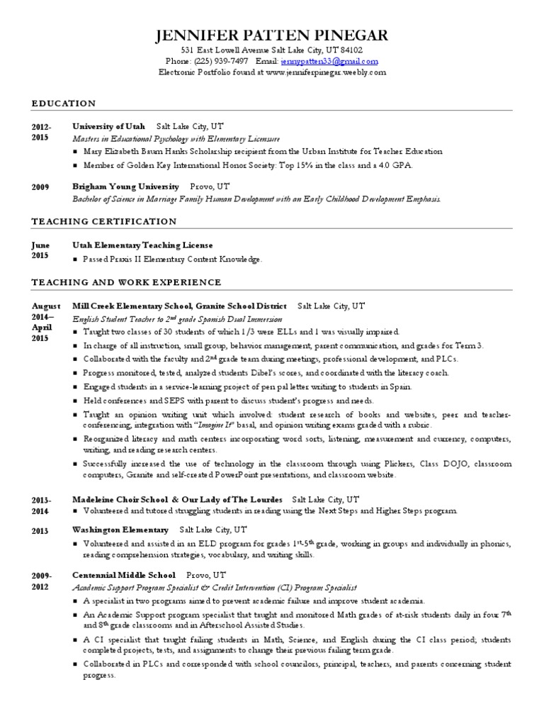 Jennifer Patten Pinegar's Teaching Portfolio | PDF | Teachers | Literacy