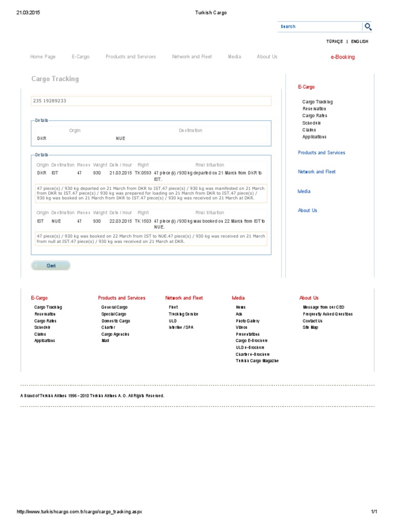 Turkish Cargo Tracking Information | PDF | Technology & Engineering