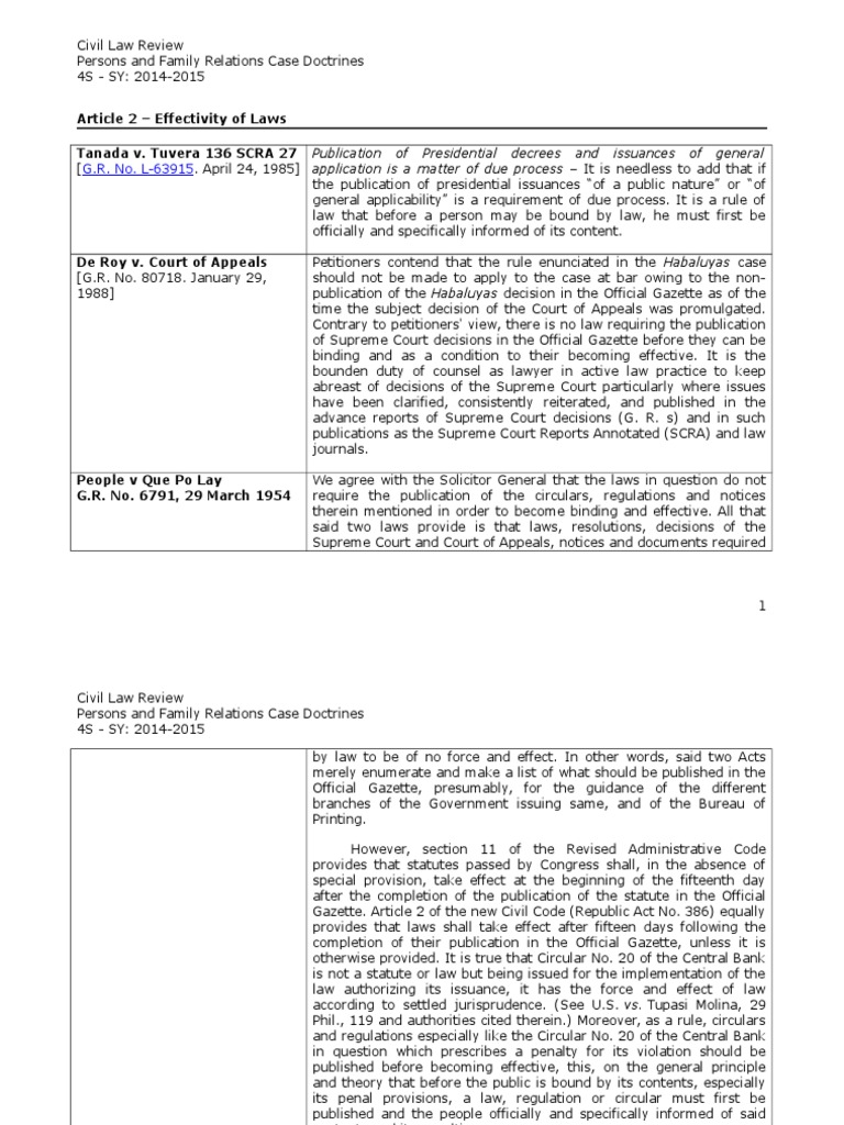 Article 2 - Effectivity of Laws Tanada v. Tuvera 136 SCRA 27 | PDF ...