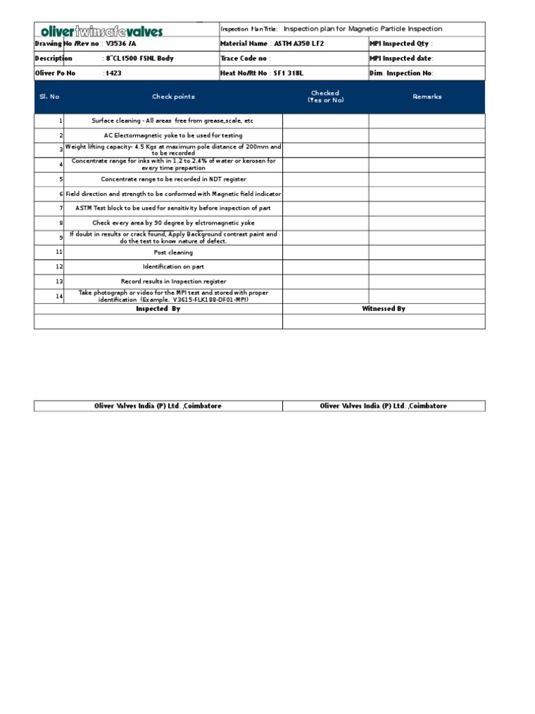 NDT Inspection Plan.xls | Materials Science | Building Engineering