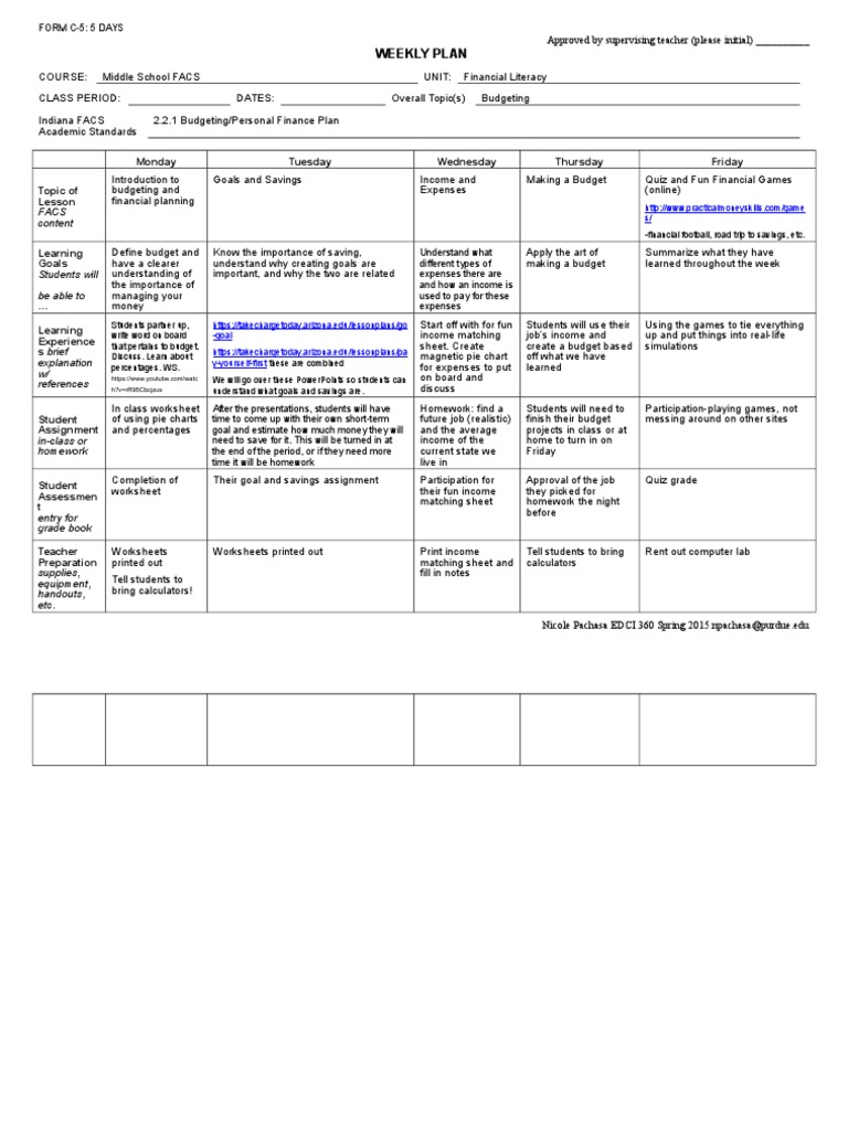 Weekly Financial Literacy Plan | PDF | Cognition | Teaching