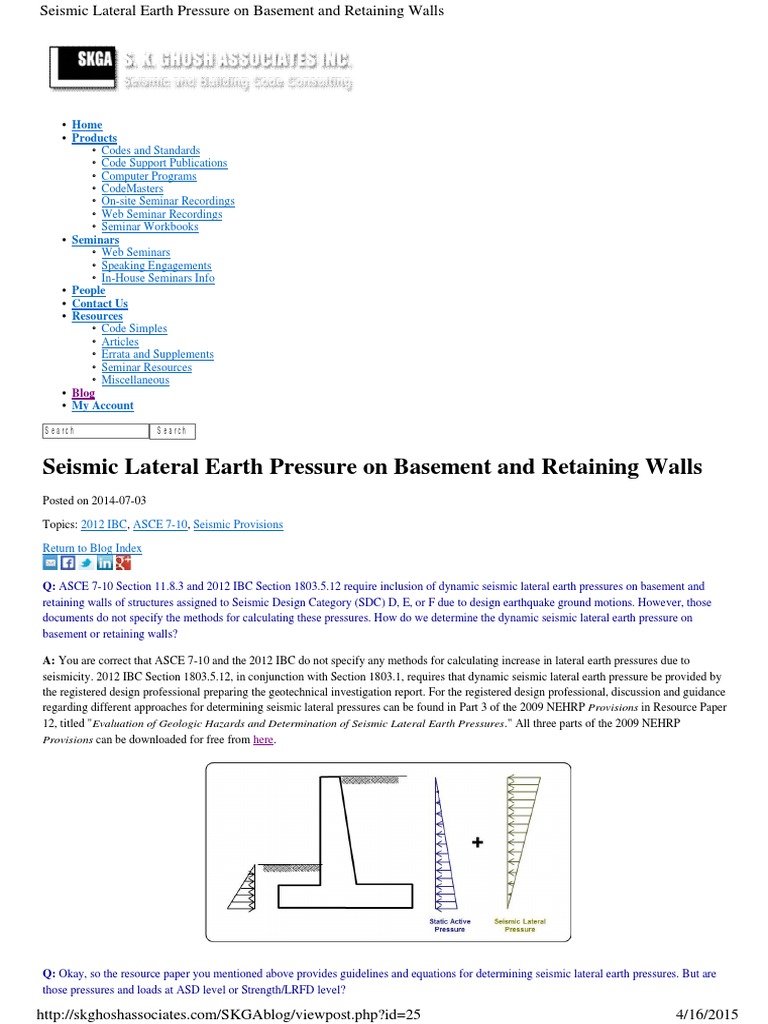 Seismic Lateral Earth Pressure On Basement and Retaining Walls | PDF ...