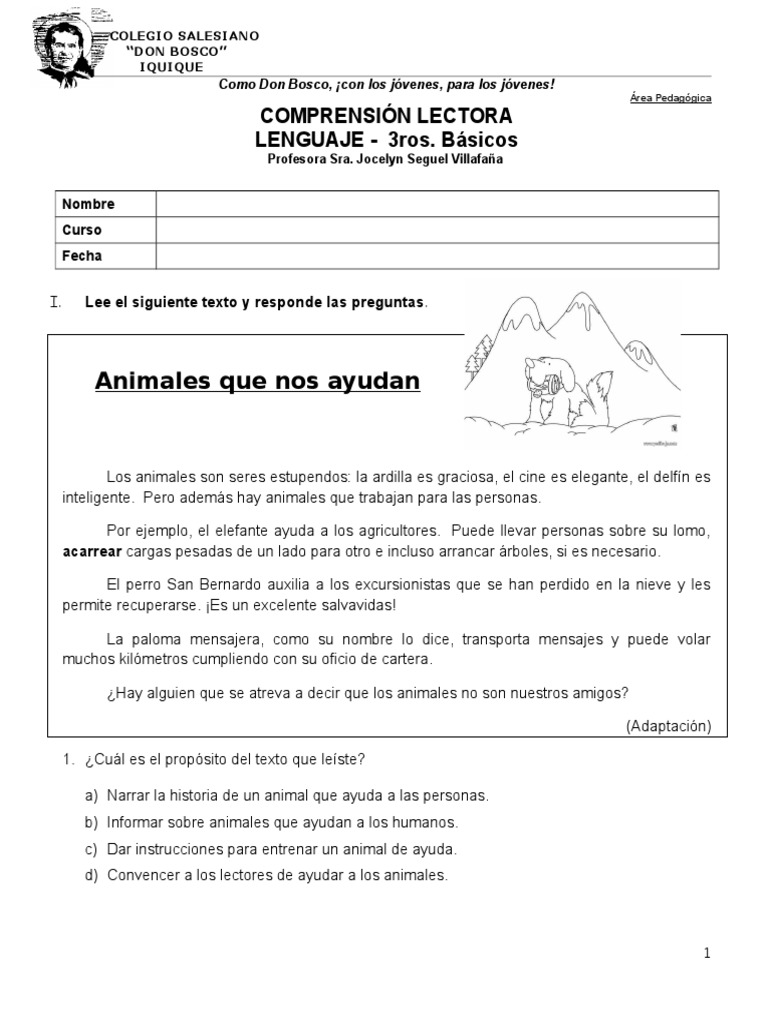 GUIA de Lenguaje - Lectura Animales Que Nos Ayudan | PDF
