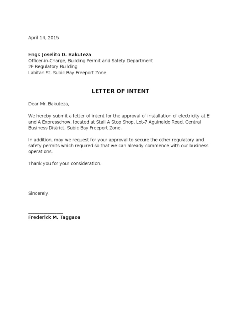Letter of Intent for Electrical Installation | PDF