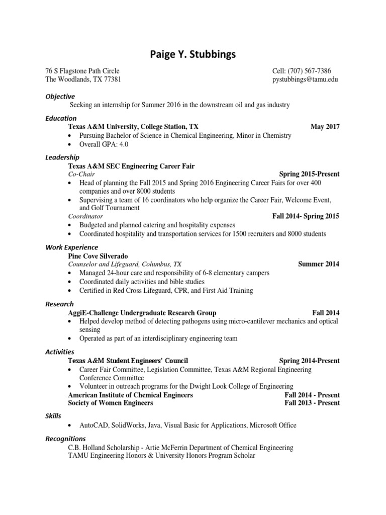 Internship Resume for Chemical Engineering | PDF | Career & Growth