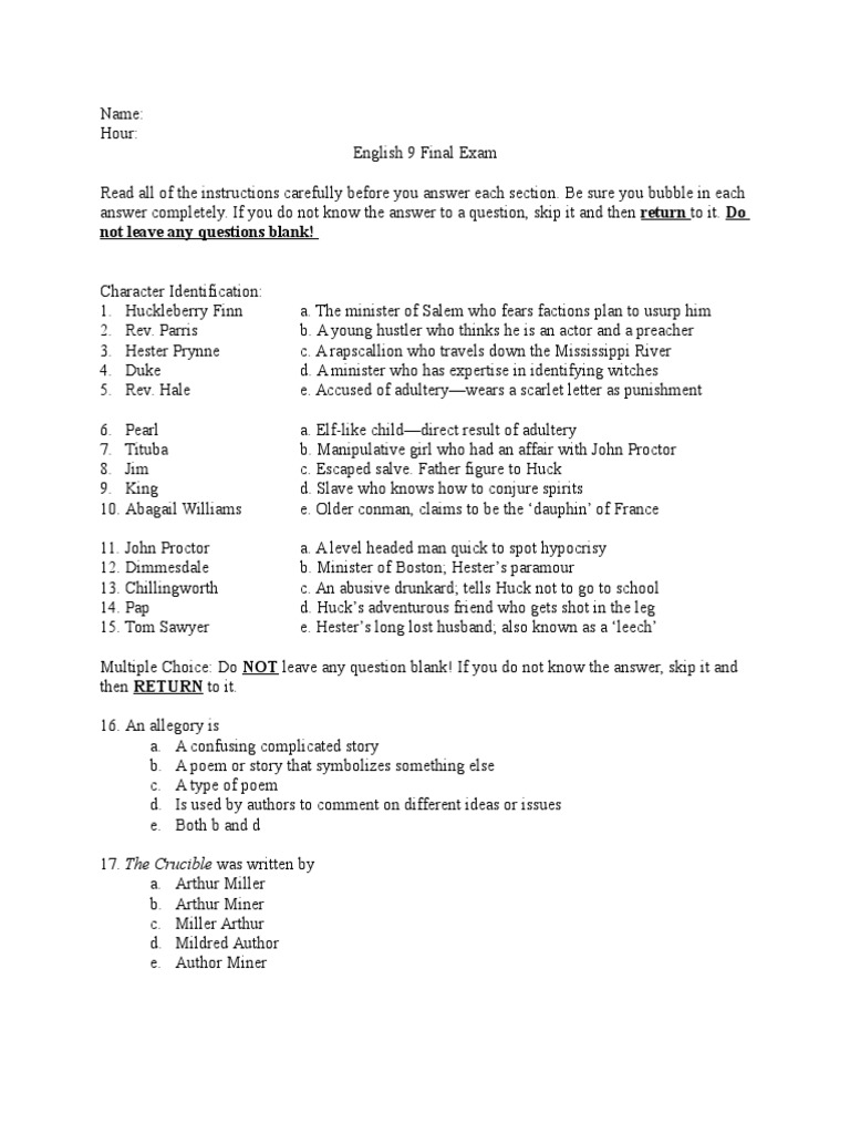 Freshman Final Exam | PDF | Huckleberry Finn