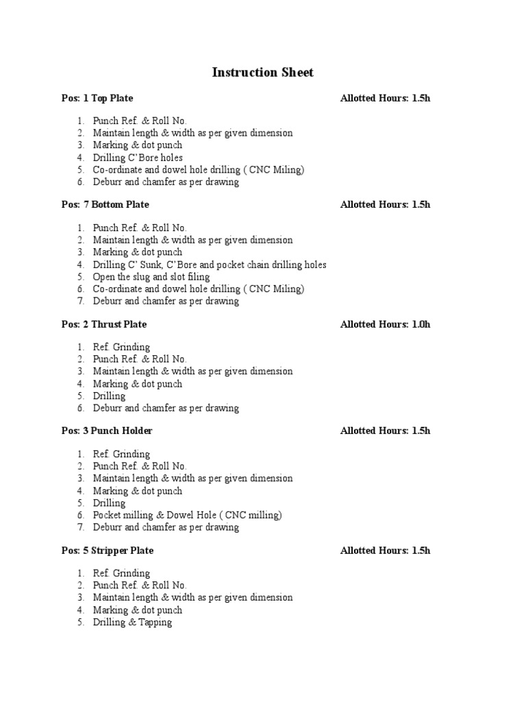 Instruction Sheet: Pos: 1 Top Plate Allotted Hours: 1.5h | PDF ...