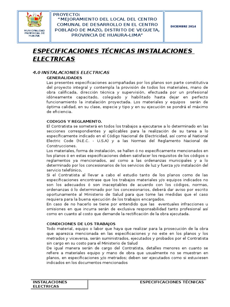 4 - Especificaciones Tecnicas - Instalaciones Electricas Mazo | PDF | Tubería (transporte de ...