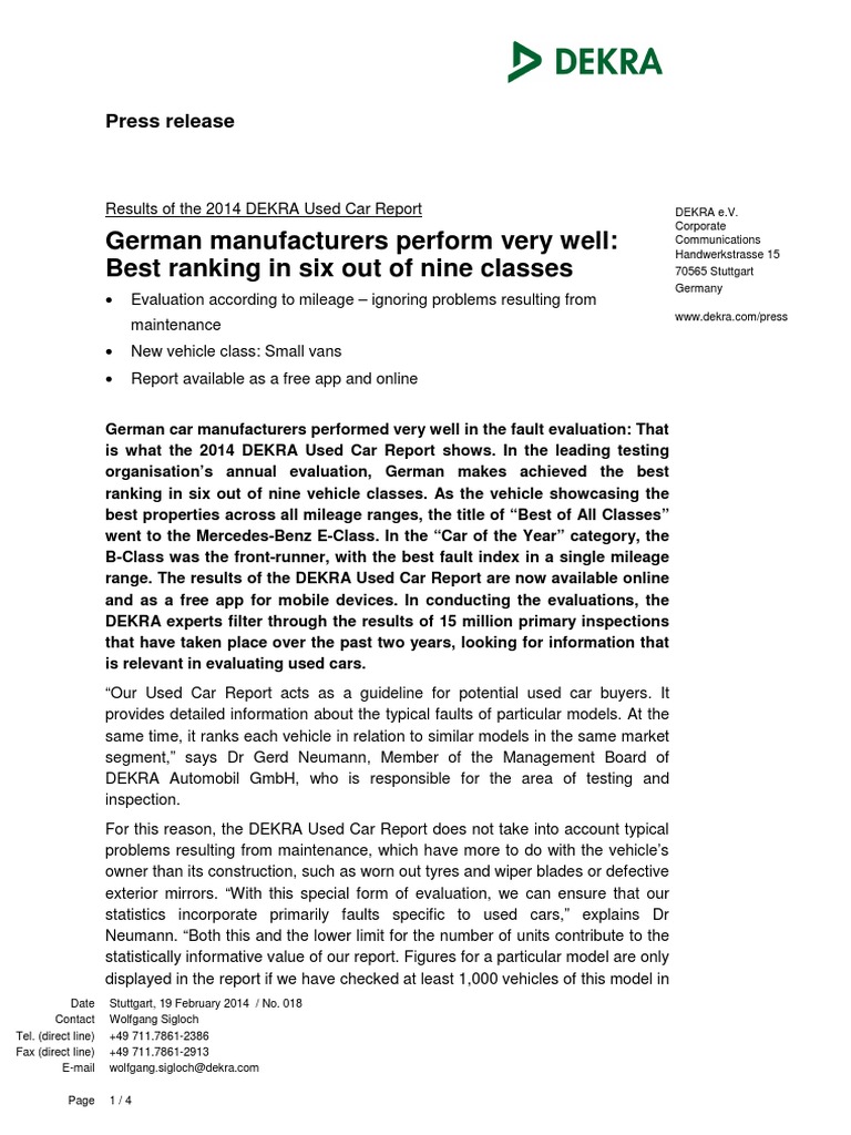 2014 DEKRA Used Car Report shows German brands perform well | PDF ...
