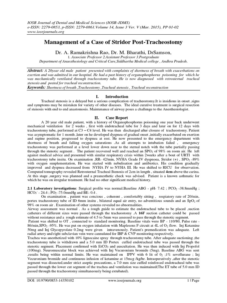 Management of A Case of Stridor Post-Tracheostomy | PDF | Anesthesia ...