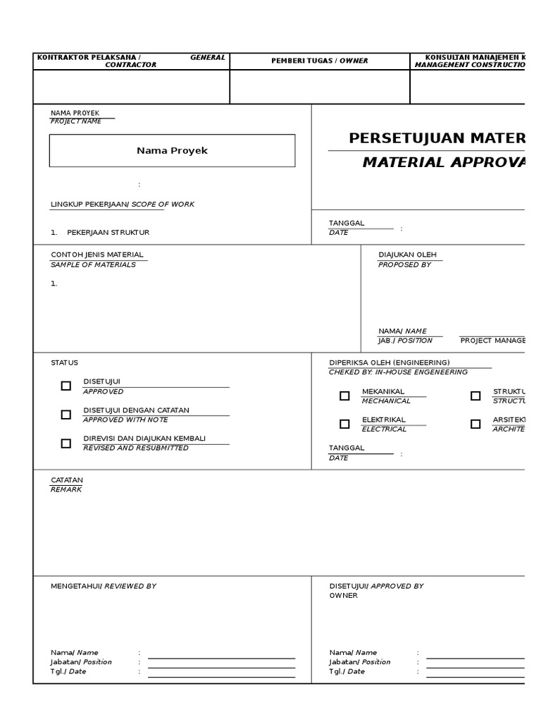 Material Approval Form for the Construction of the [Project Name] Project | PDF
