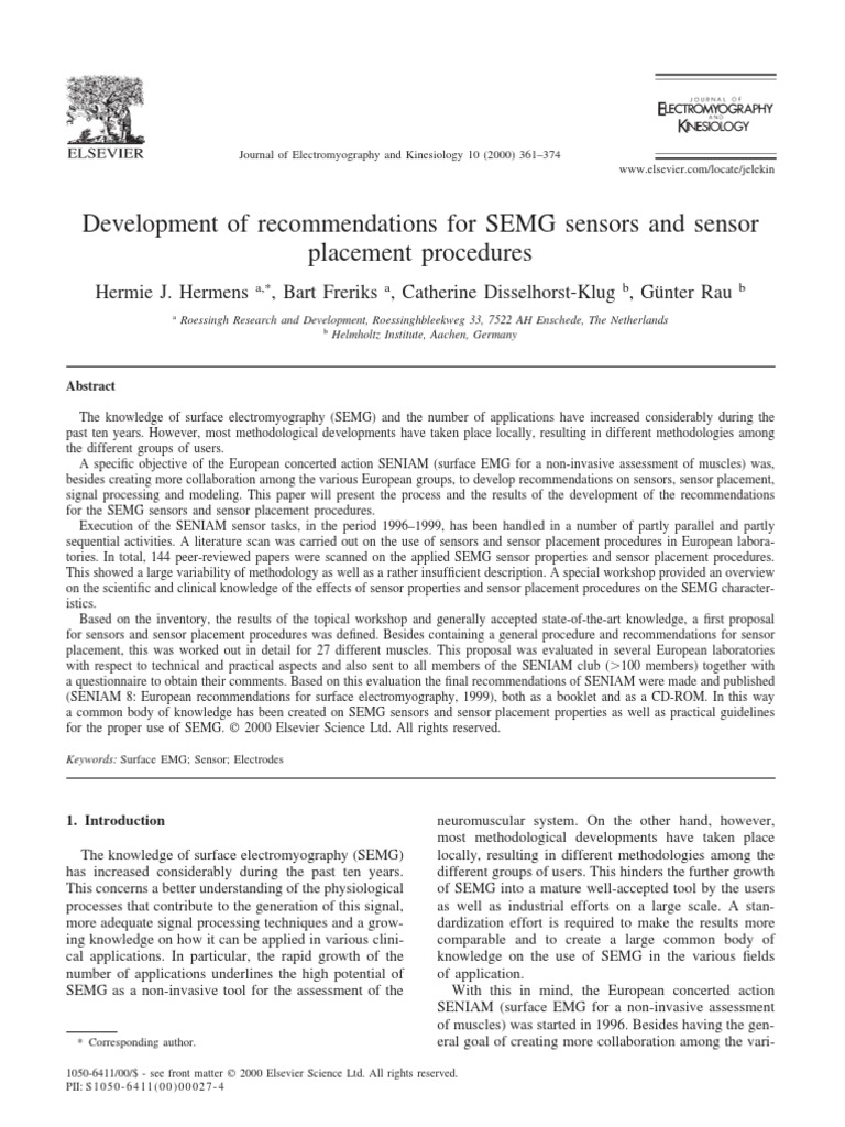 Development of Recommendations For SEMG Sensors and Sensor Placement Procedures - Hermens - 2000 ...