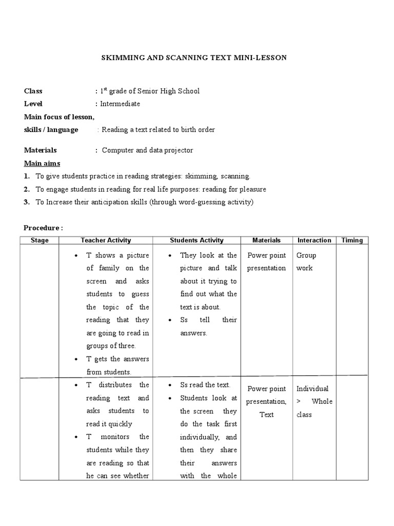 Skimming and Scanning Lesson Plan | PDF | Speed Reading | Lesson Plan