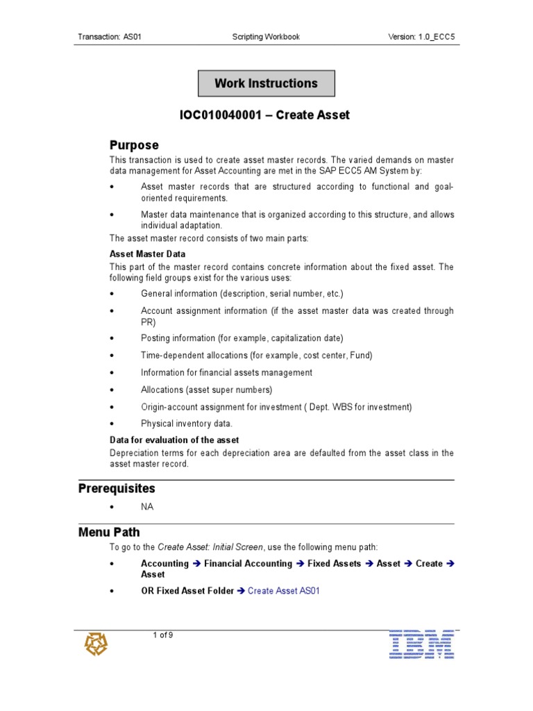 SAP AS01 Create Asset Instructions | PDF | Computers