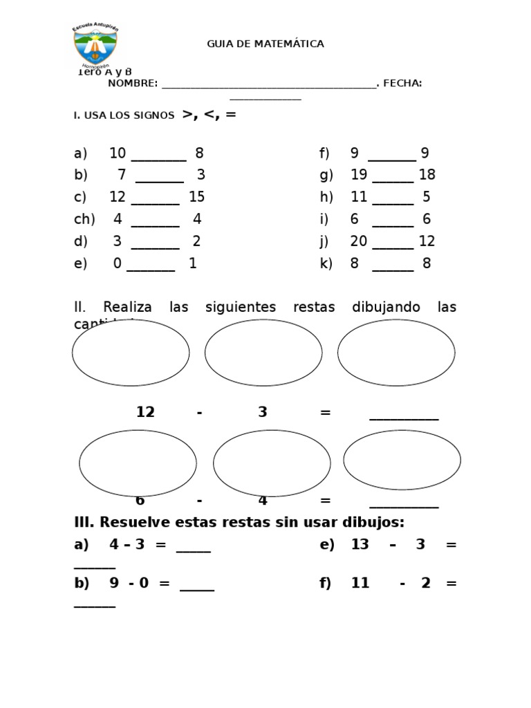 Guía de Sumas y Restas 1° Básico | PDF