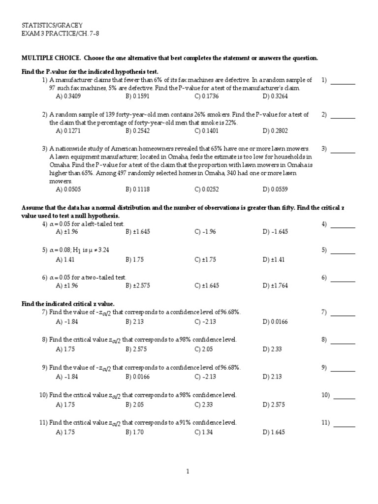 Hypothesis Testing and P-Value Practice | PDF | P Value | Statistical ...