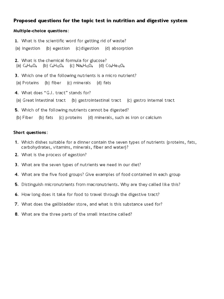 Nutrition & Digestion Test Questions | PDF | Lifestyle