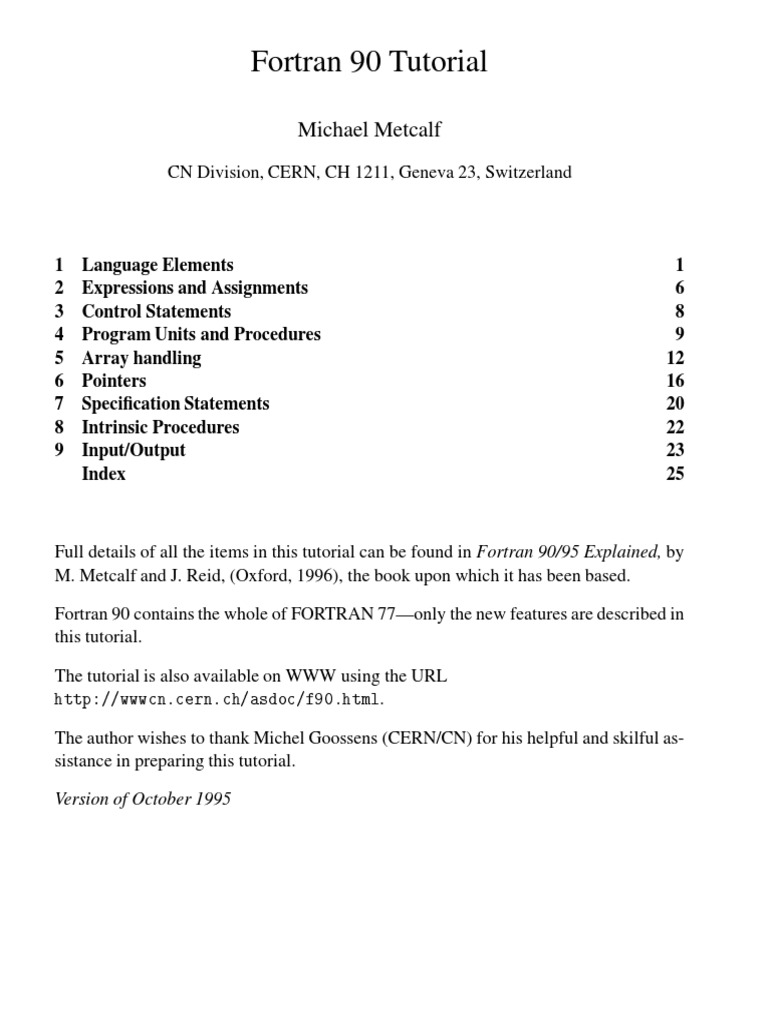 Fortran 90 Tutorial Guide to Language Elements | PDF | Pointer (Computer Programming) | Subroutine