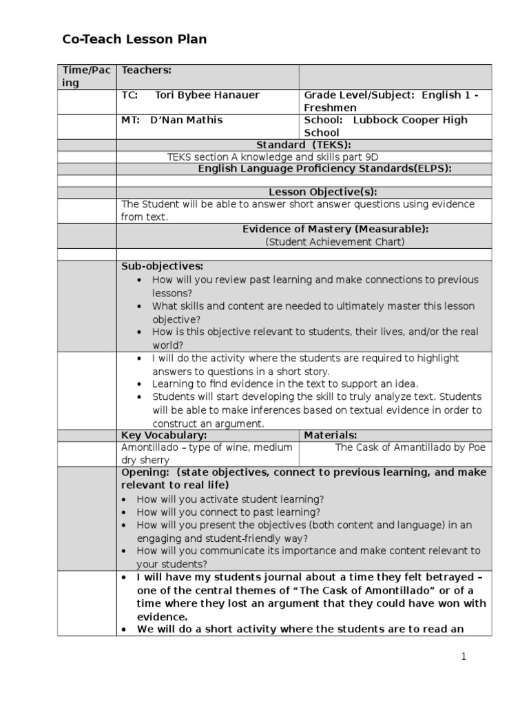 Cask of Amontillado Lesson Plan | PDF | Lesson Plan | Special Education