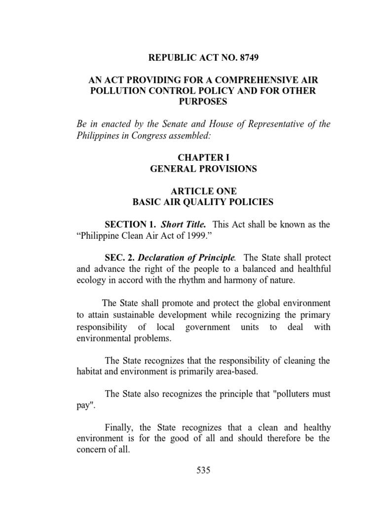 Clean Air Act of 1999 Ra 8749 | Emission Standard | Air Pollution
