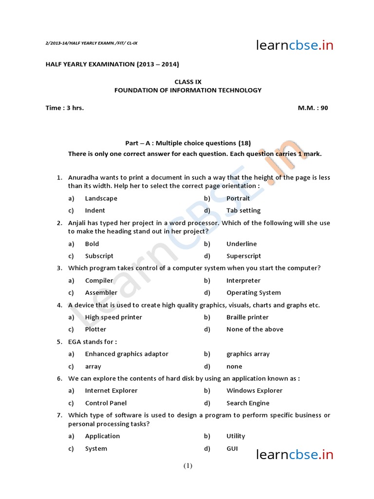 Cbse Class 9 Computer Science Sample Paper Sa1 2014 Paper 3 | PDF ...
