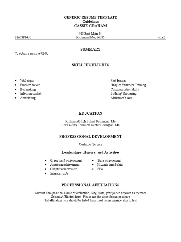 Cassie Graham: Generic Resume Template Guidelines | PDF