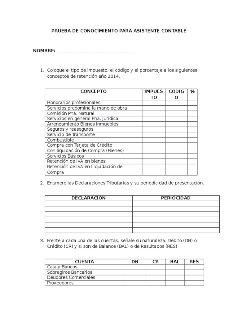 Prueba de Conocimiento para Asistente Contable | PDF
