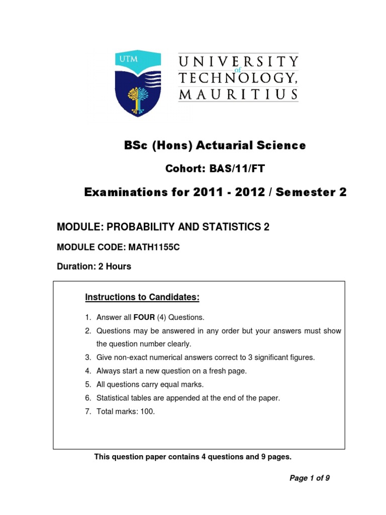 BSC (Hons) Actuarial Science: Cohort: Bas/11/Ft | PDF | Mean | Errors And Residuals