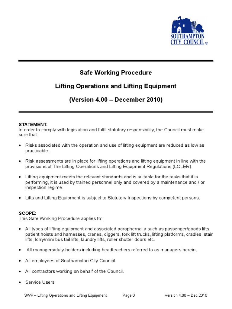 SWP Lifting Operations and Lifting Equipment 22-12-10 v1 06 | PDF ...