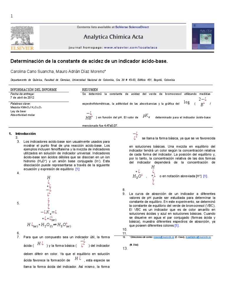 3. Determinación de La Constante de Acidez de Un Indicador Ácido Base ...