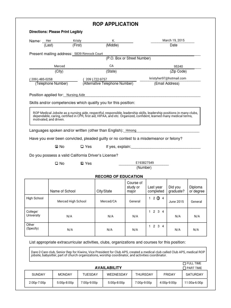 ROP Nursing Aide Application Form | PDF | Nursing | Wellness