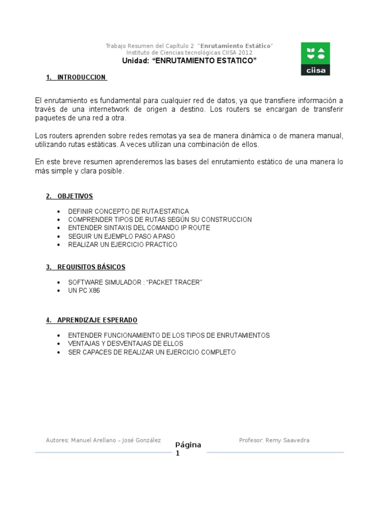 Trabajo 10% Capitulo 2 Enrutamiento Estático CCNA2 | PDF | Enrutamiento | Enrutador (Computación)