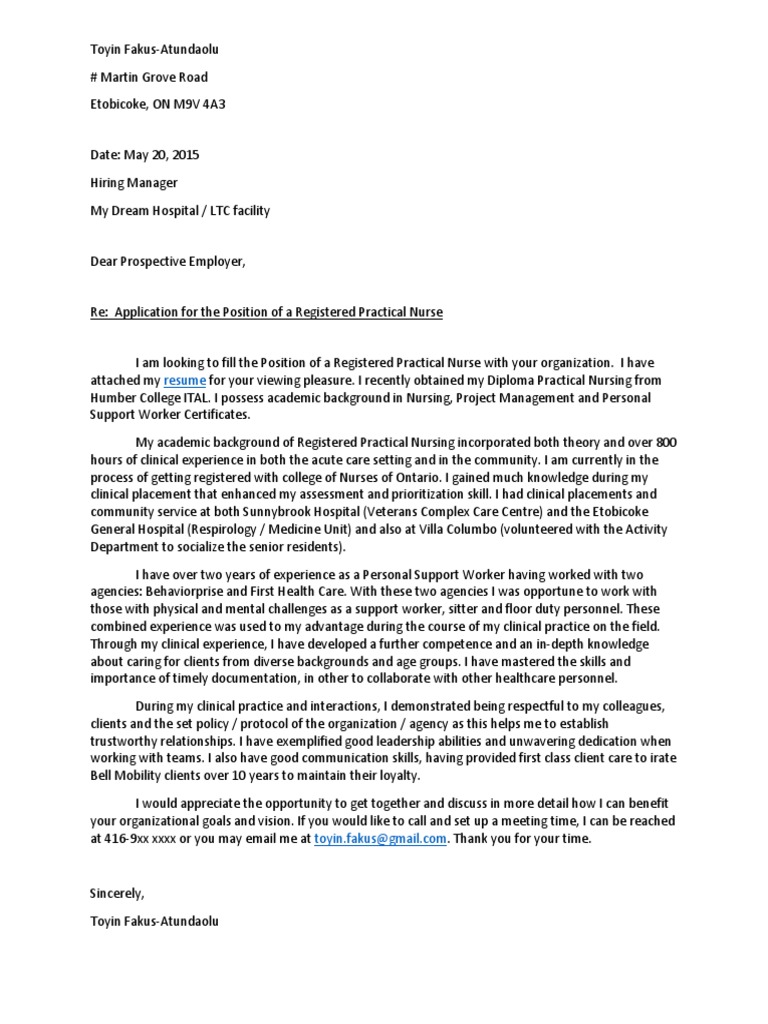 RPN Cover Letter For Toyin Fakus | PDF | Nursing | Medicine