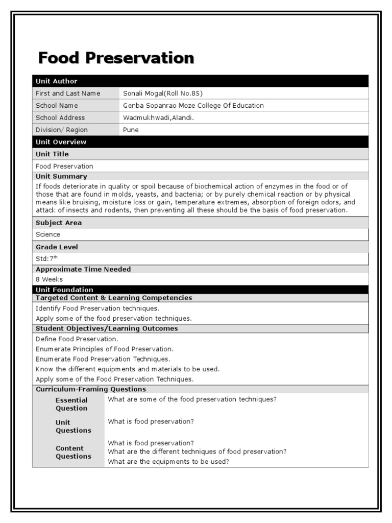 Unit Plan Food Preservation | Rubric (Academic) | Foods