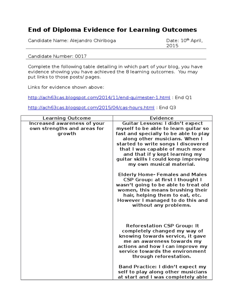 End of Diploma Evidence For Learning Outcomes | PDF | Musical ...