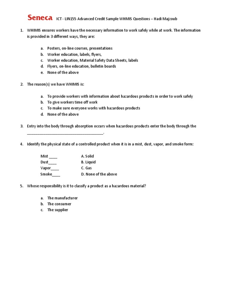 Sample WHMIS Questions | PDF | Prevention | Physical Sciences