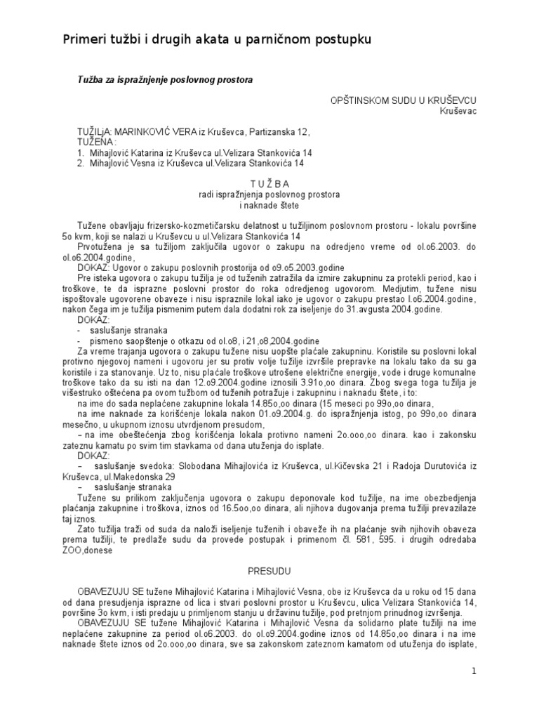 Primeri Tužbi i Drugih Akata u Parničnom Postupku | PDF