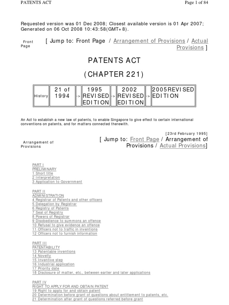 Singapore Patents Act 2008 | PDF | Patent Application | Glossary Of Patent Law Terms