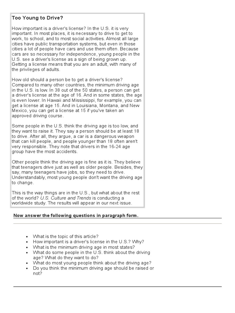Too Young To Drive?: Now Answer The Following Questions in Paragraph ...