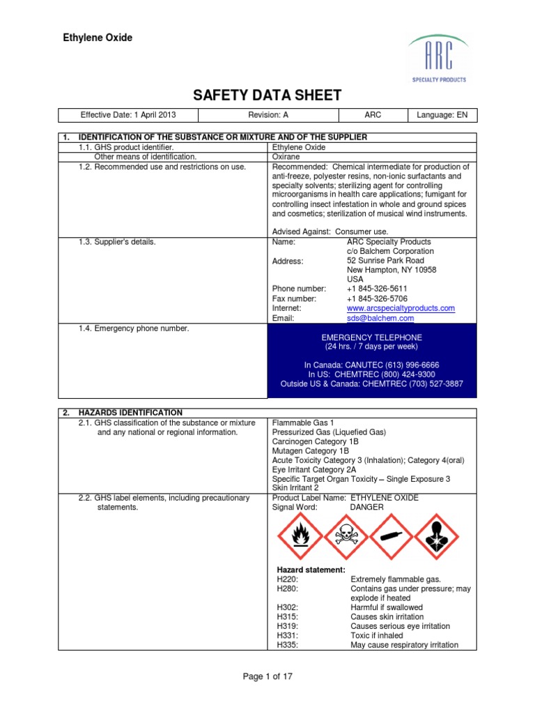 SDS ARC Ethylene Oxide 2013-04-01 | PDF | Dangerous Goods | Hazardous Waste