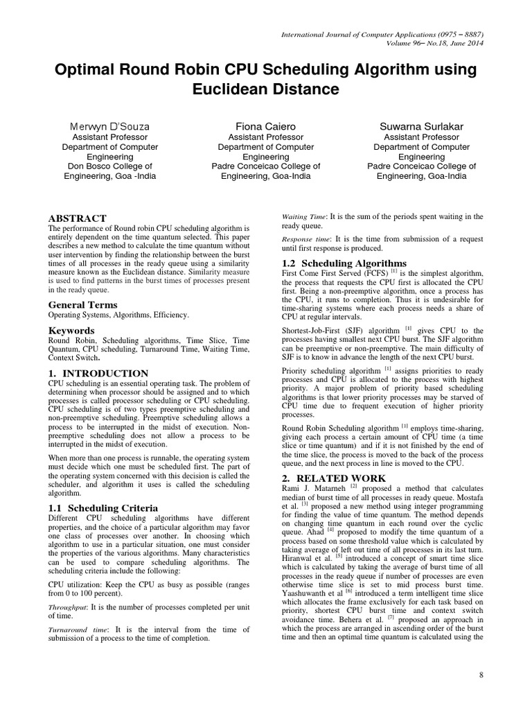Optimal Round Robin CPU Scheduling Algorithm Using Euclidean Distance | PDF | Scheduling ...