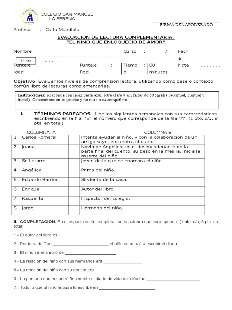 Prueba de lectura: El niño que enloqueció de amor | PDF | Amor