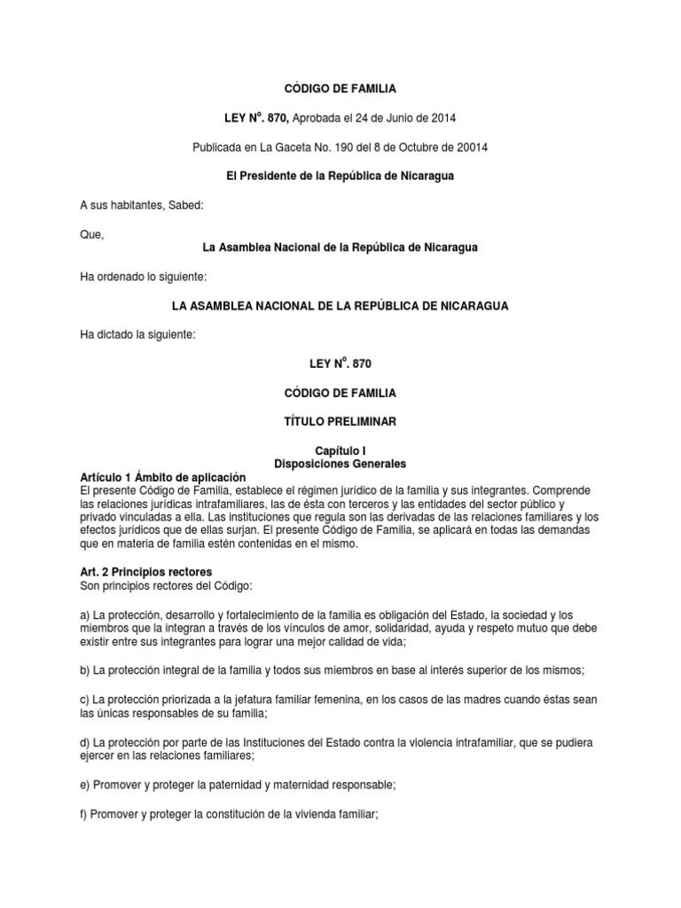 Ley_870 - Codigo de la Familia de Nicaragua | Parentesco | Familia