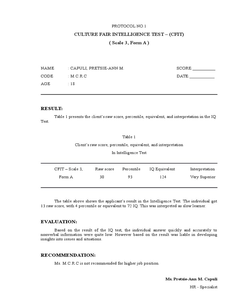Culture Fair Intelligence Test - (Cfit) (Scale 3, Form A) : Result | PDF