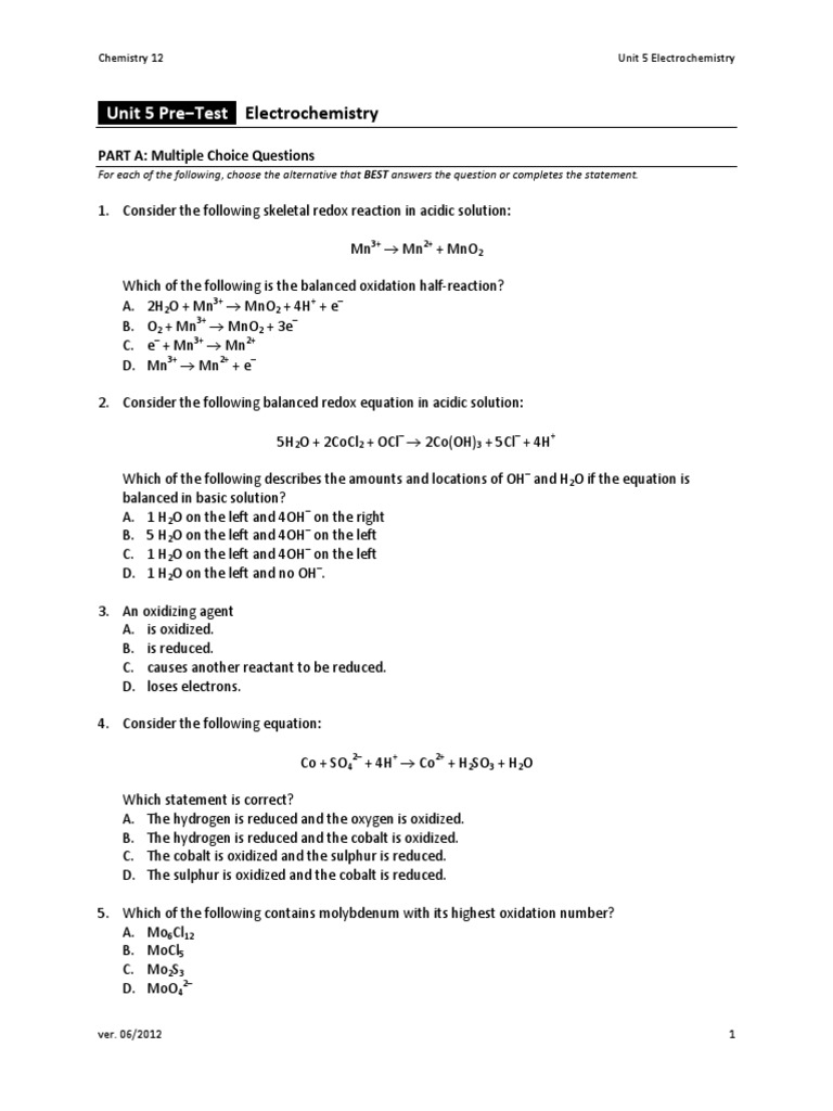 Chemistry - Test Electrochemistry | Download Free PDF | Redox ...
